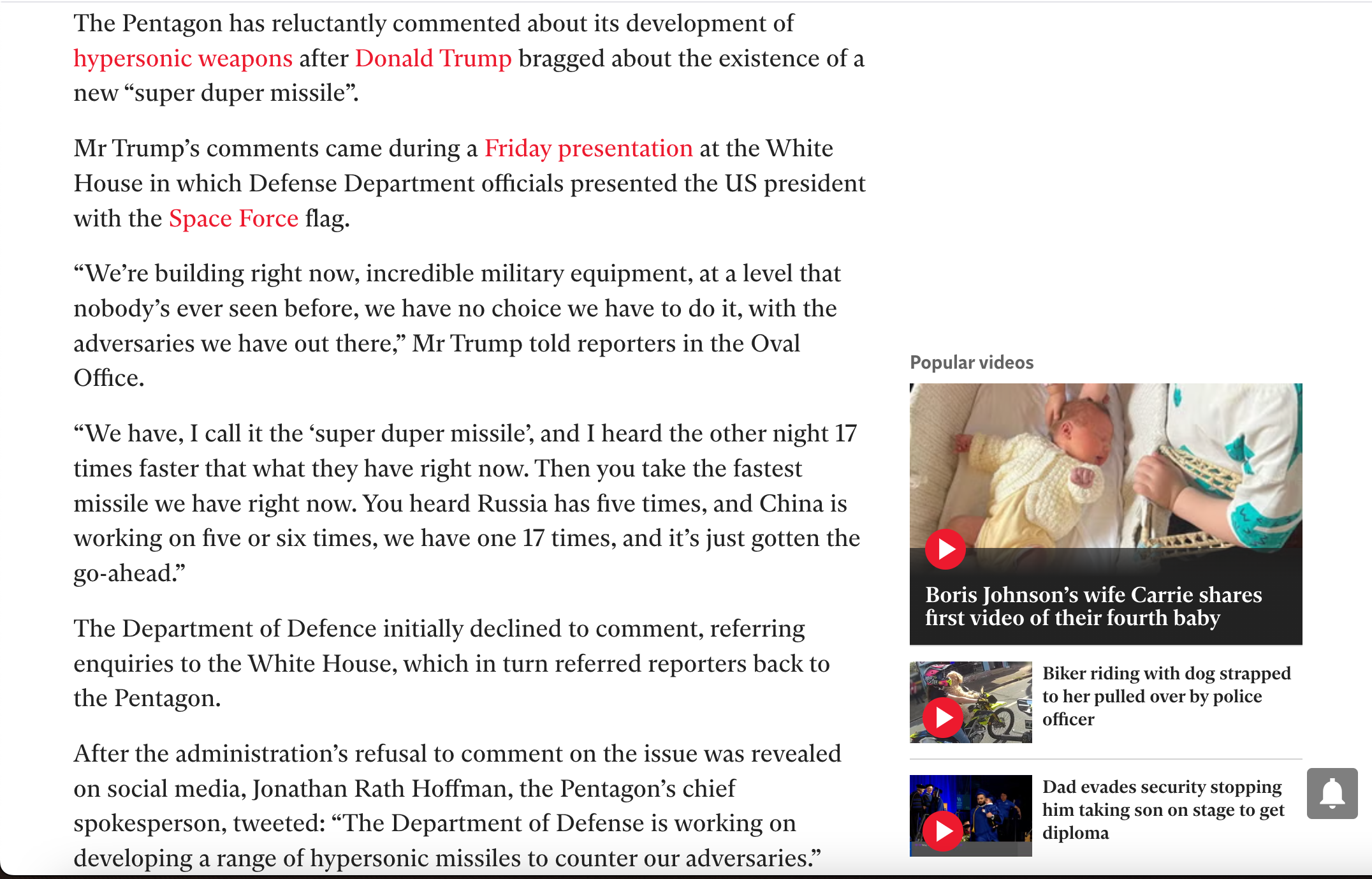 "Pentagon reluctantly comments on hypersonic weapons after Trump brags about new ‘super duper ...